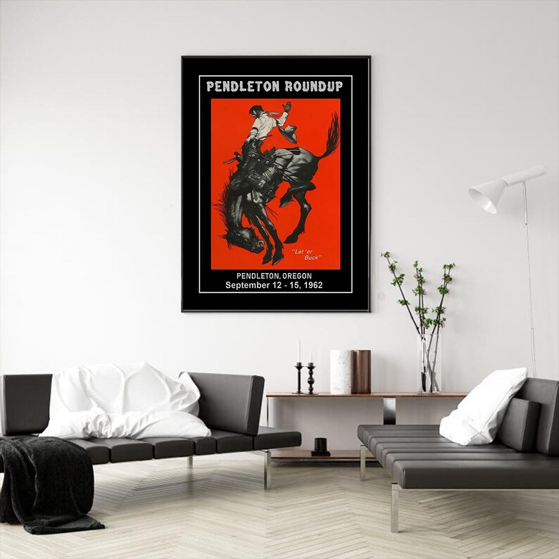 Pendleton Round up Rodeo Poster Cowboy & Cowgirl Prints Ranch Decor Red ...