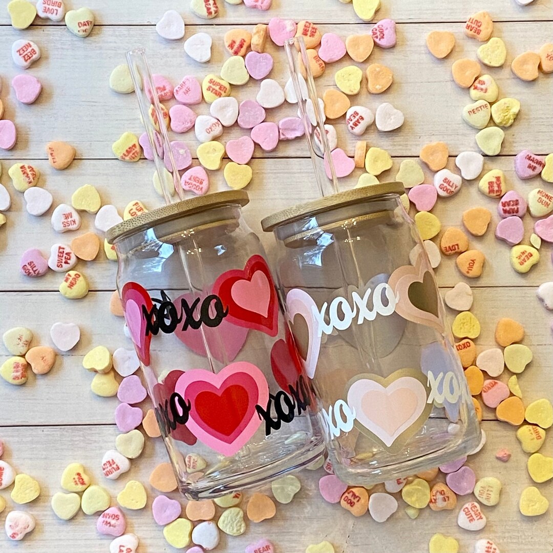 Iced Coffee Cup Valentine’s Day XOXO Layered Heart Cup 16oz Glass Soda ...