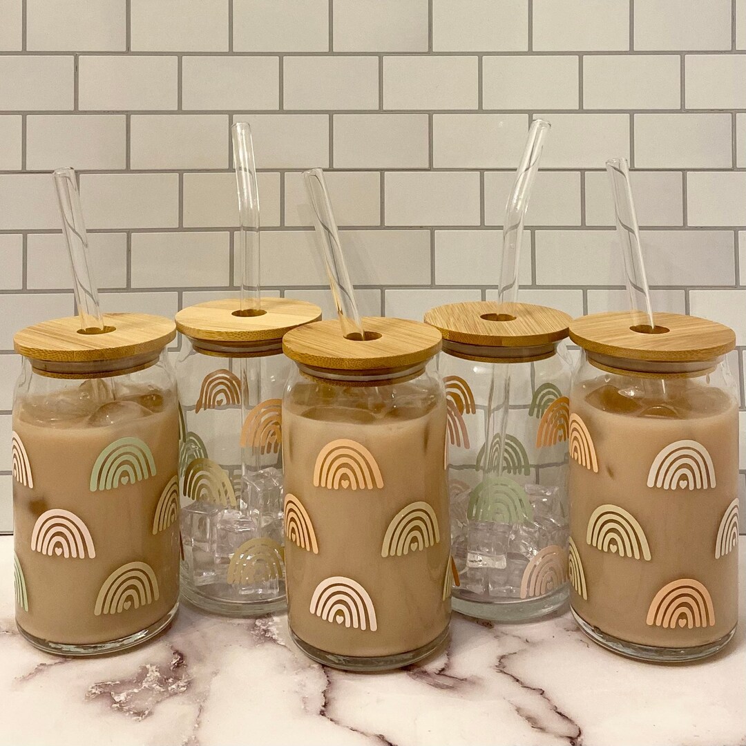 Iced Coffee Cup Rainbows 16oz Glass Soda Can Cup W/ Bamboo Top - Etsy