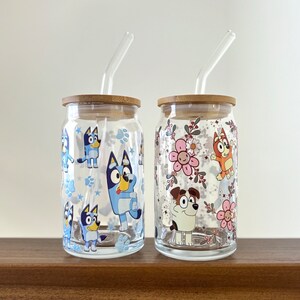 Bluey and Friends Iced Coffee Cup 16oz Glass Soda Can Cup W/ Bamboo Top ...