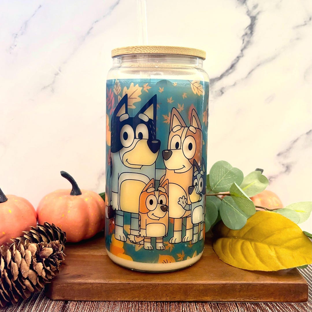 Bluey Fall Theme Iced Coffee Cup 16oz Glass Soda Can Cup W/ Bamboo Top ...
