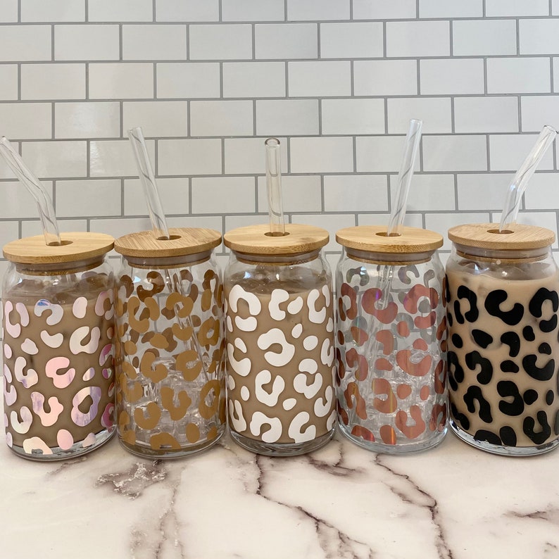 Leopard Print Iced Coffee Cup 16oz Glass Soda Can Reusable Cup - Etsy