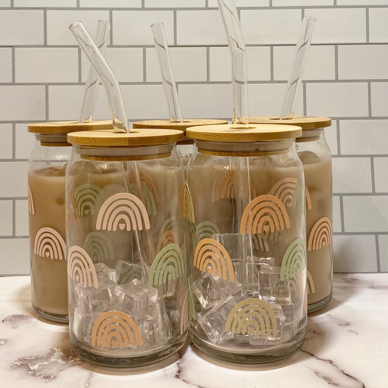 Iced Coffee Cup Rainbows 16oz Glass Soda Can Cup W/ Bamboo Top - Etsy