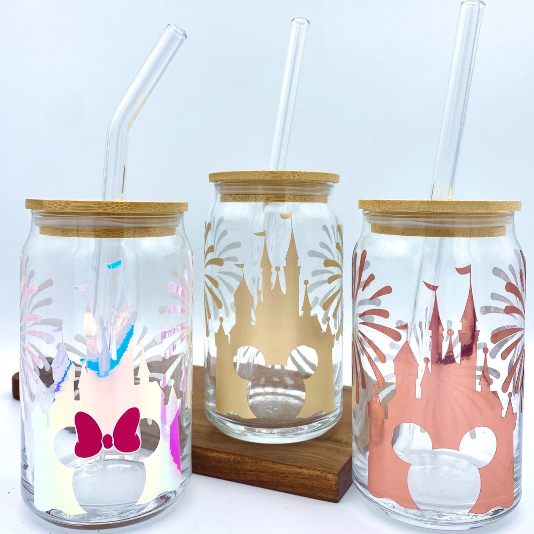 Disney Magic Castle Mickey or Minne 16oz Glass Soda Can W/ Bamboo Top ...