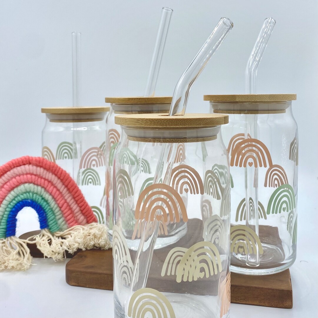 Iced Coffee Cup Rainbows 16oz Glass Soda Can Cup W/ Bamboo Top & Glass ...