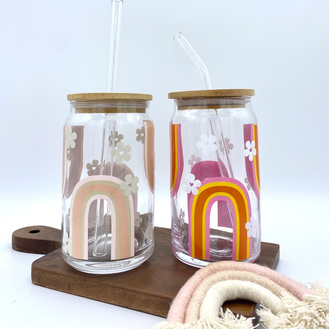 Iced Coffee Cup Retro Rainbow & Heart Daisy 16oz Glass Soda Can ...