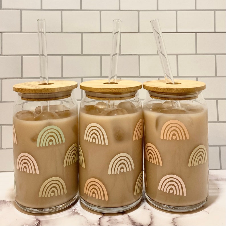 Iced Coffee Cup Rainbows 16oz Glass Soda Can Cup W/ Bamboo Top - Etsy
