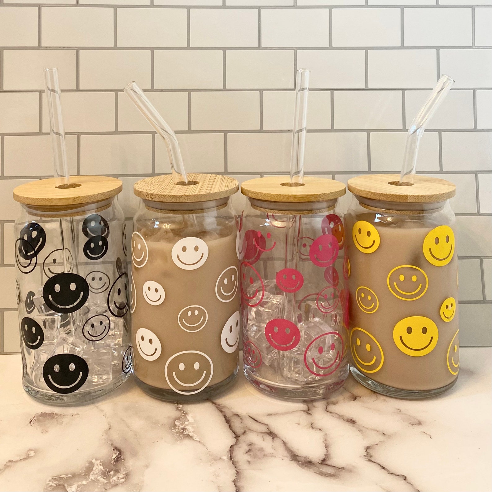 Iced Coffee Cup Smiley Face Happy Face16oz Glass Soda Can W/ - Etsy