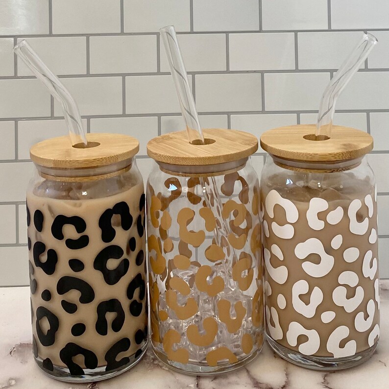 Leopard Print Iced Coffee Cup 16oz Glass Soda Can Reusable Cup - Etsy