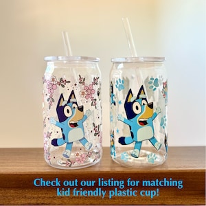 Bluey and Friends Iced Coffee Cup 16oz Glass Soda Can Cup W/ Bamboo Top ...