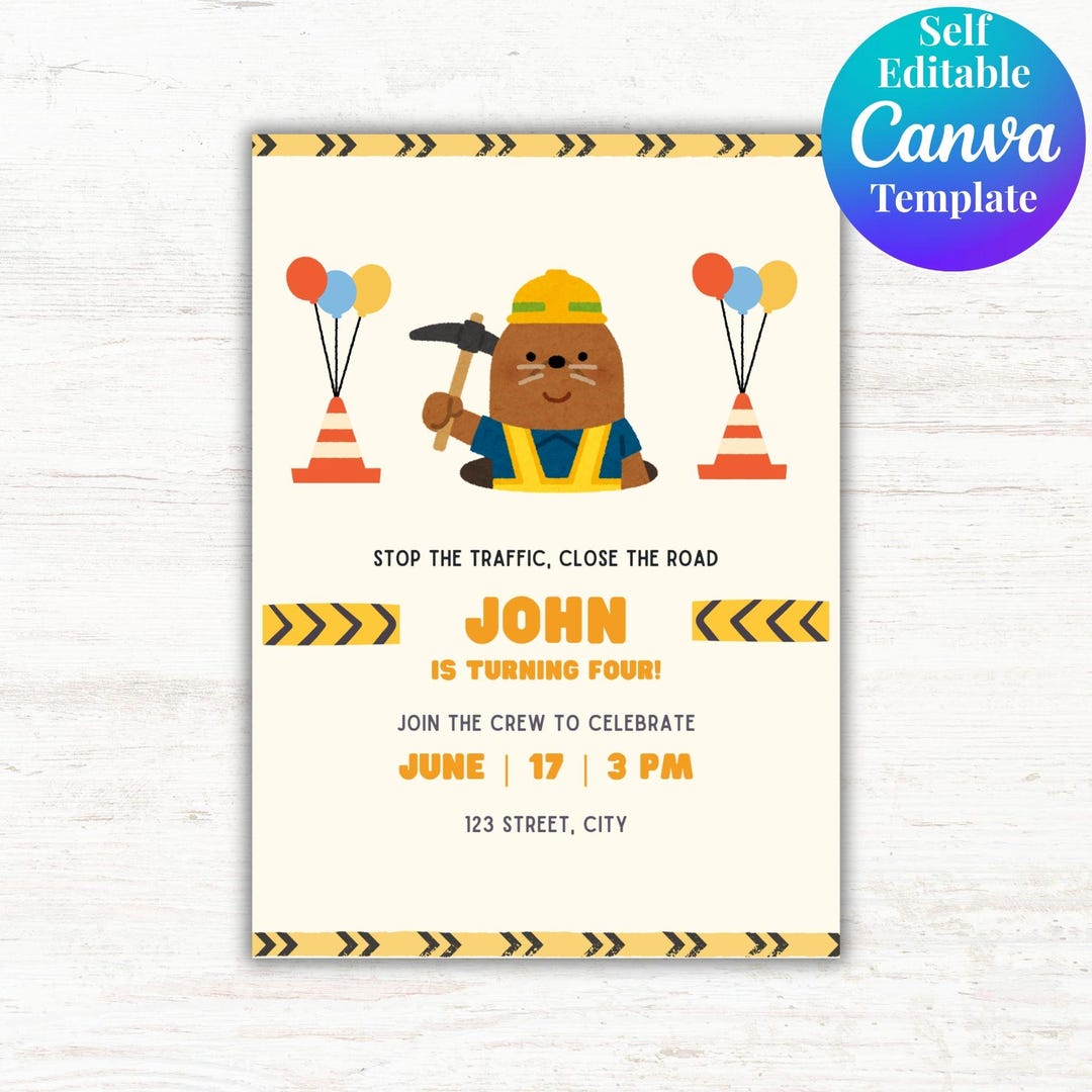 Construction Birthday Invitation, Adorable, Cute Custom Printable Canva ...