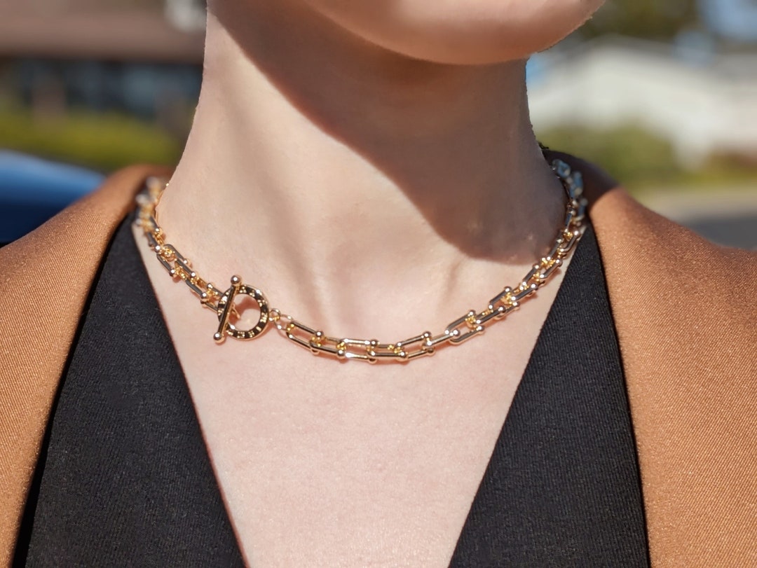 U Link Necklace, Chunky Gold Choker, Thick Chain Necklace, U Shaped ...