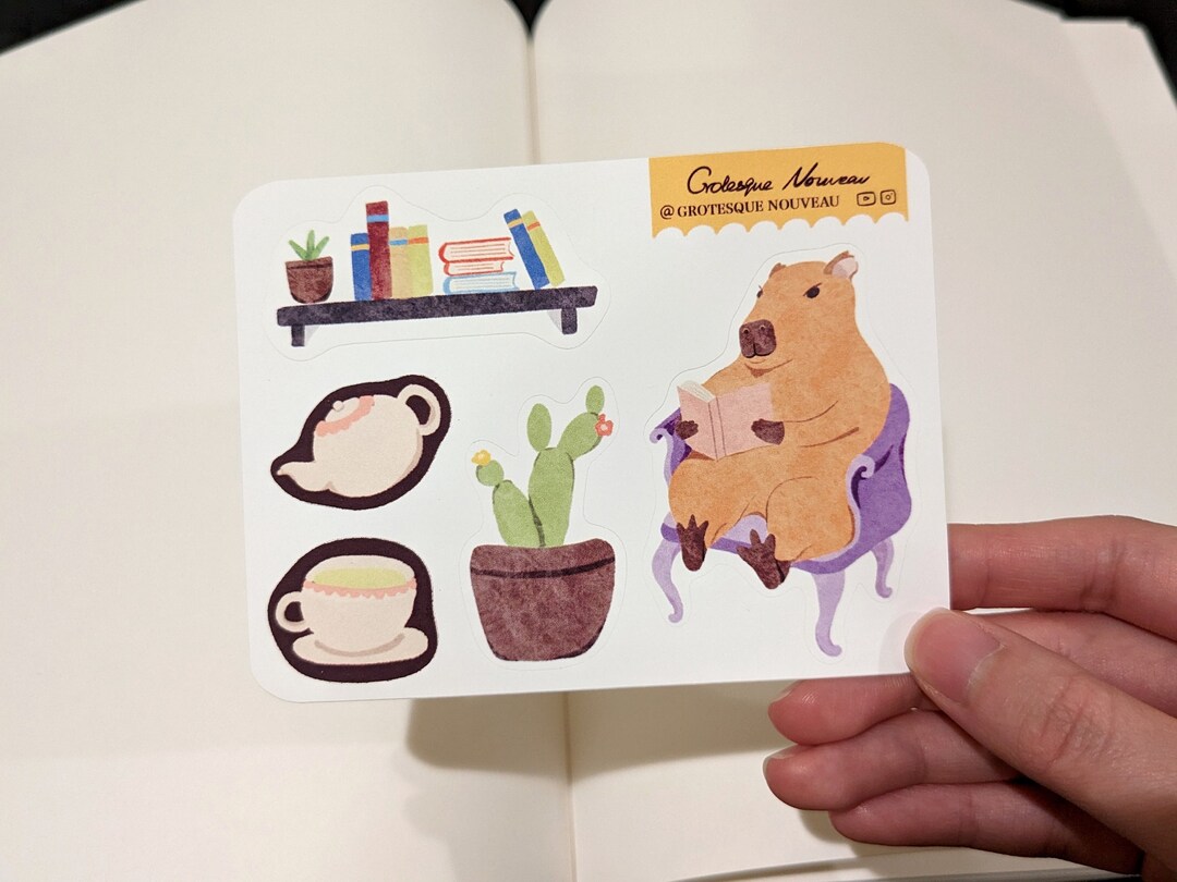 Capybara is Reading Sticker Sheet, Bookshelf Sticker, Opuntia Sticker ...