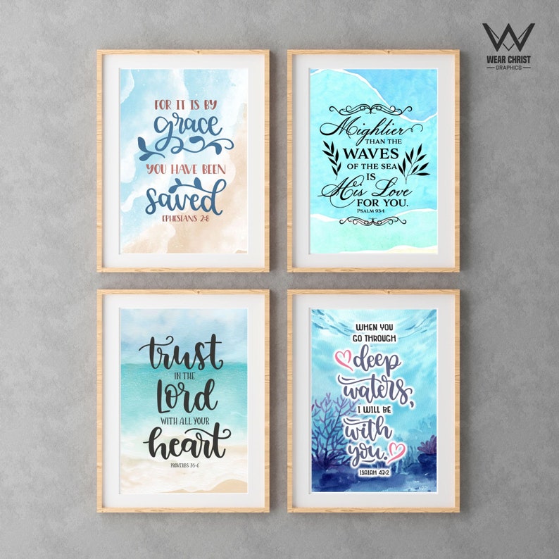 Set of 4 Sea Landscapes Christian Wall Art Prints, Bible Verse ...
