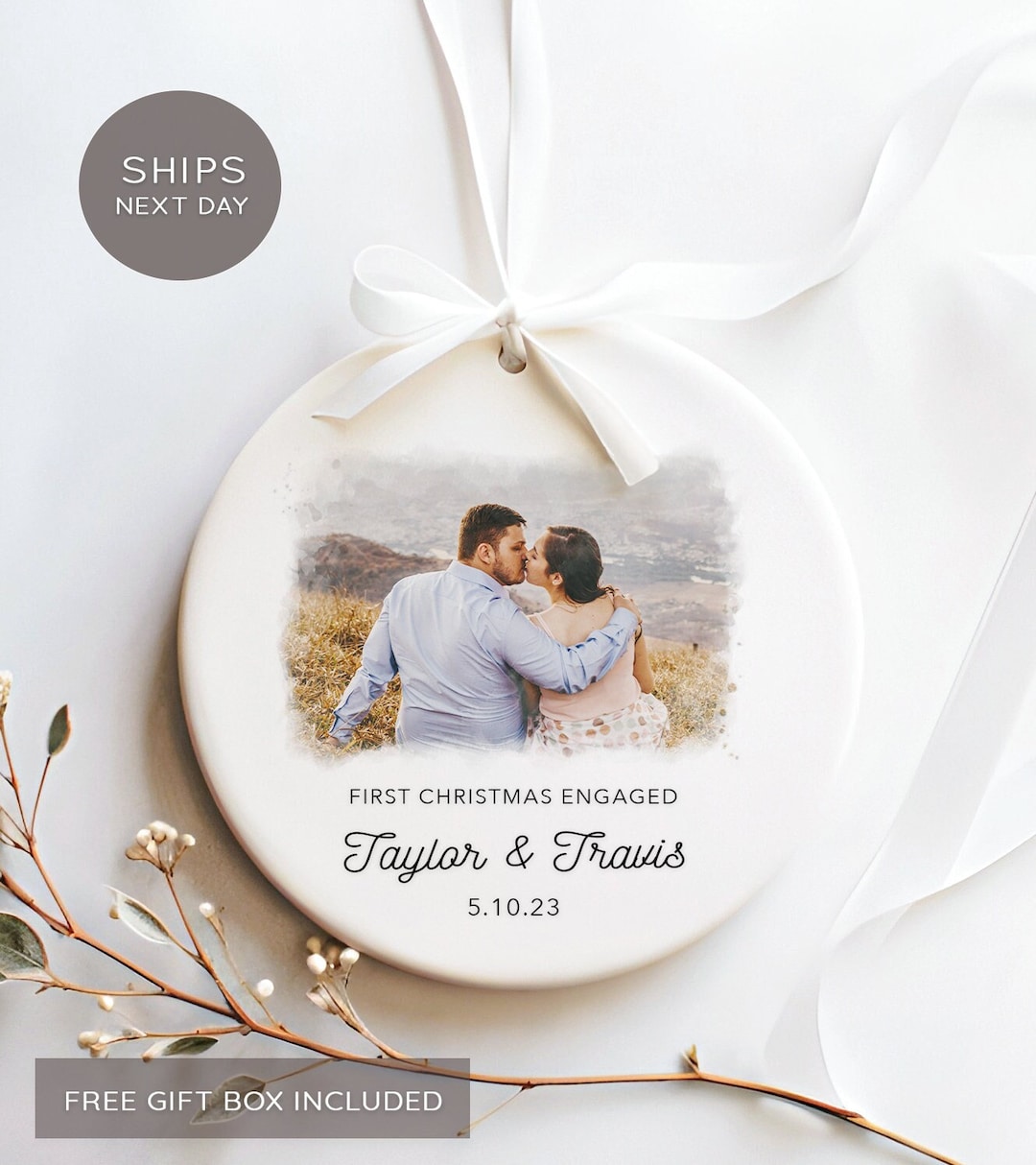 Engagement Christmas Ornament - Personalized First Christmas Keepsake ...