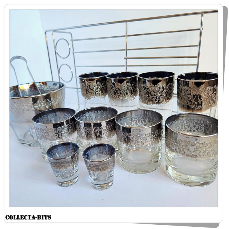 13 Piece Vintage Barware, Silver Fade and Frosted, 10 Glasses, Ice ...