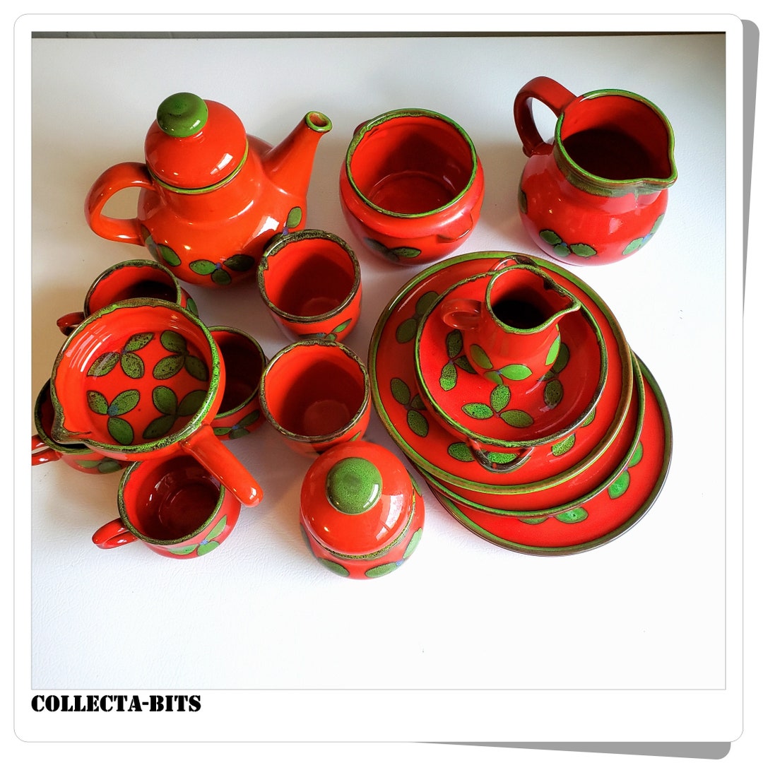 19 Piece 70s Retro Pottery Tea and Dish Set, Marked, Orange and Green ...