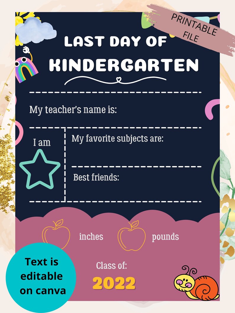 Editable Last Day of Kindergarten Sign Purple Snail Party Last Day of ...