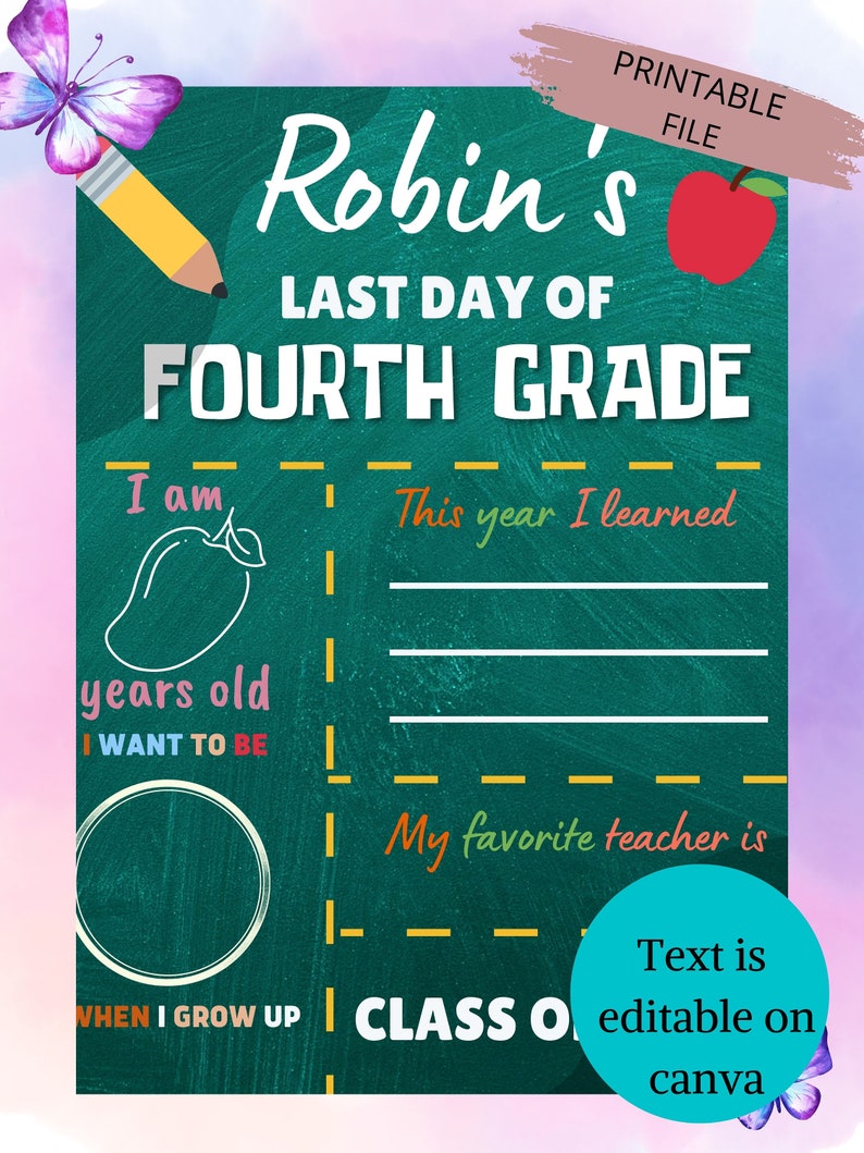 Editable First or Last Day of Fourth Grade Sign 4th Grade - Etsy