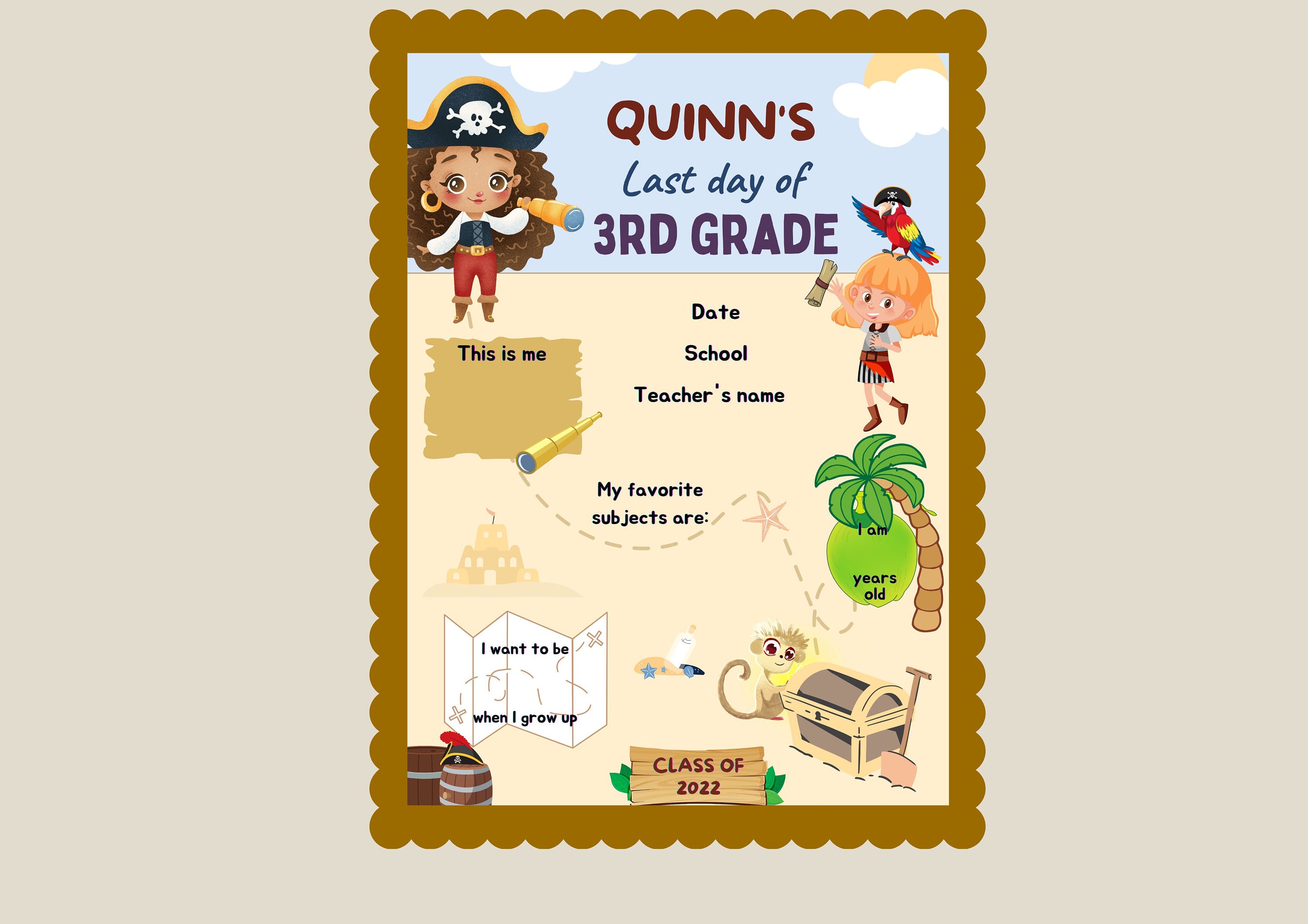 Editable First or Last Day of School 3rd Grade Boy or Girl Cute ...