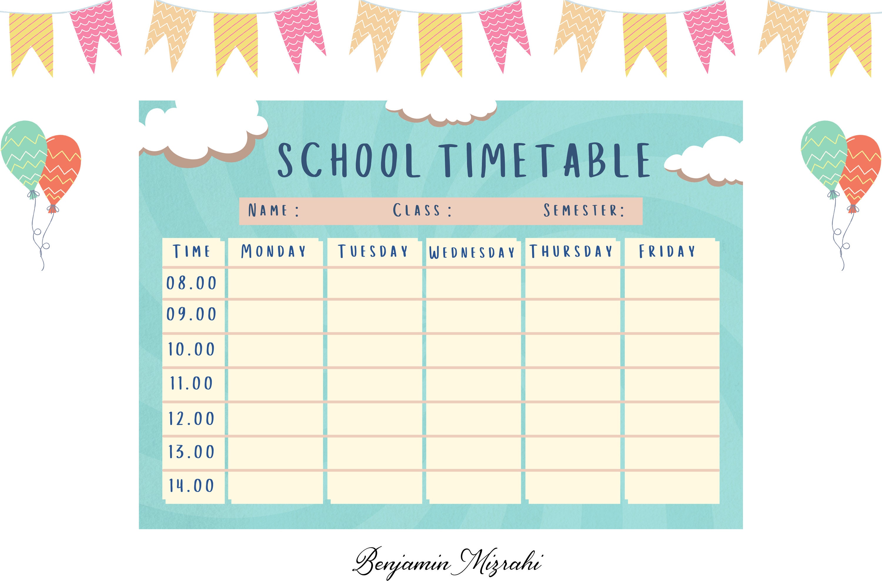 Editable School Timetable for Kids Cloud Theme Printable School ...