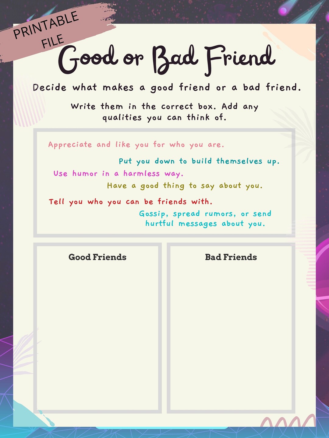 Good Vs Bad Friends Poster PRINTABLE Emotional Learning Social Skills ...