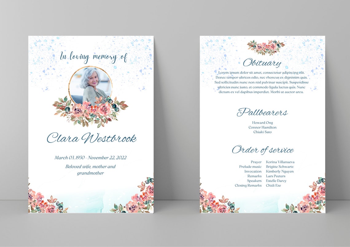 Editable Funeral Program Template, Floral Memorial Program, Memorial ...