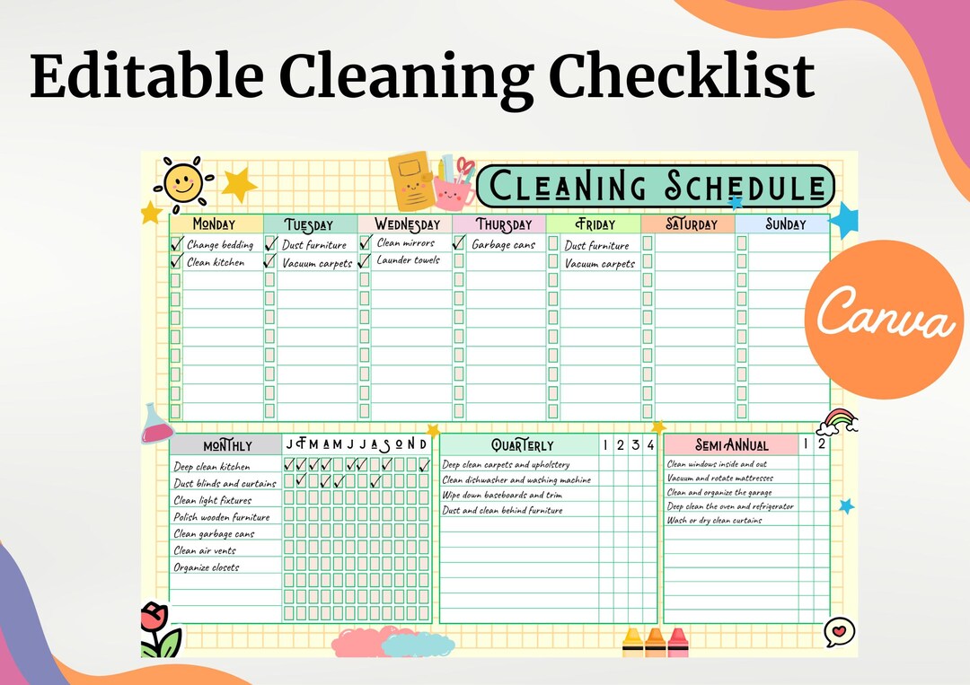 Weekly Cleaning Checklist Monthly, Yearly Chore Chart Cleaning Planner ...