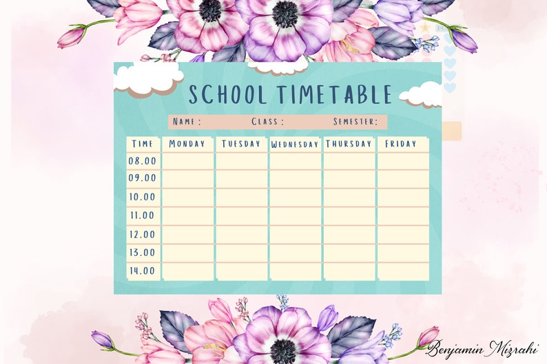 Editable School Timetable for Kids Cloud Theme Printable School ...