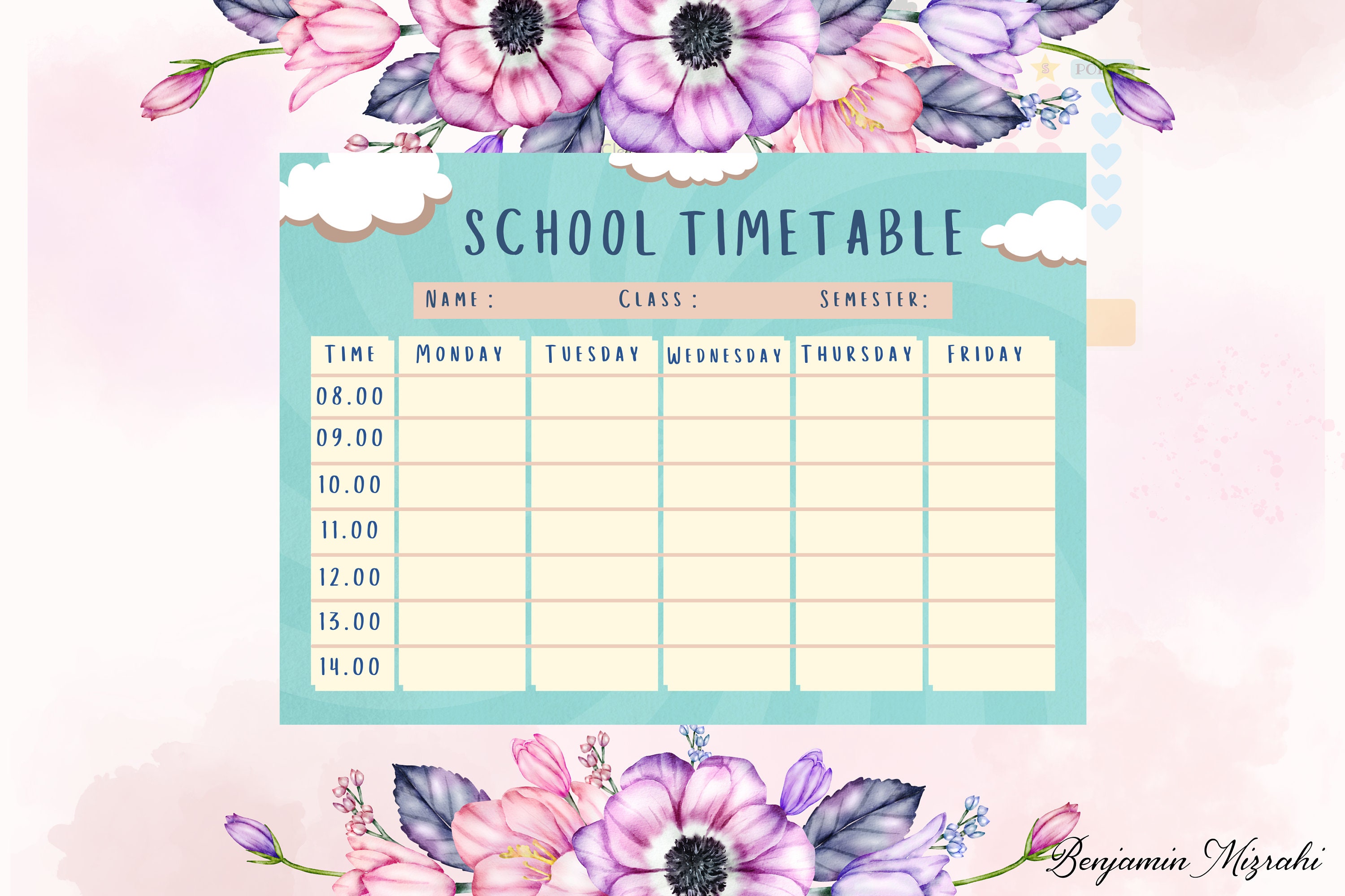 Editable School Timetable for Kids Cloud Theme Printable School ...