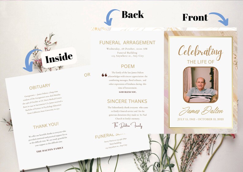 Editable Memorial Program, Elegant Funeral Program Template for Man ...