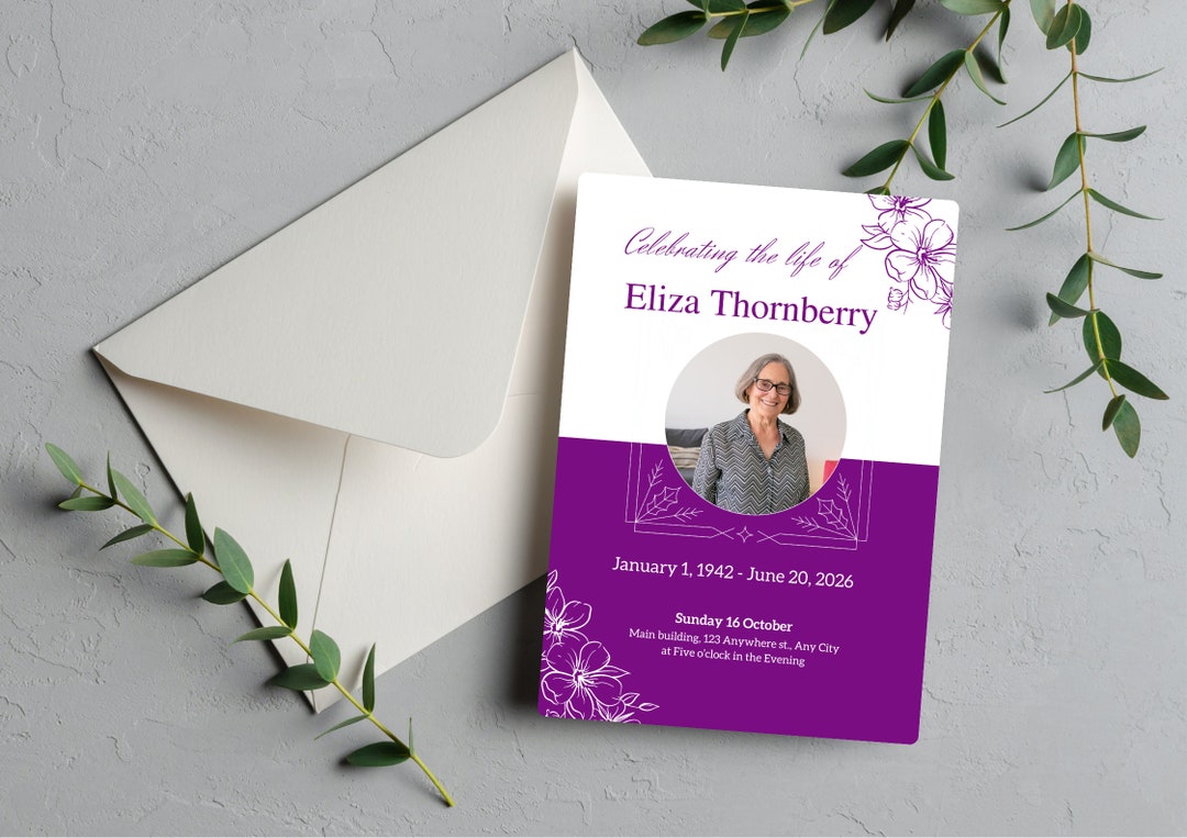 Editable Purple Funeral Program Template Funeral Memorial Celebration ...