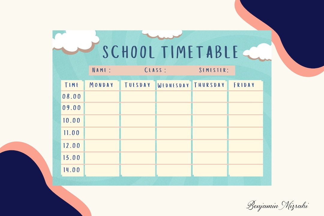 Editable School Timetable for Kids Cloud Theme Printable School ...