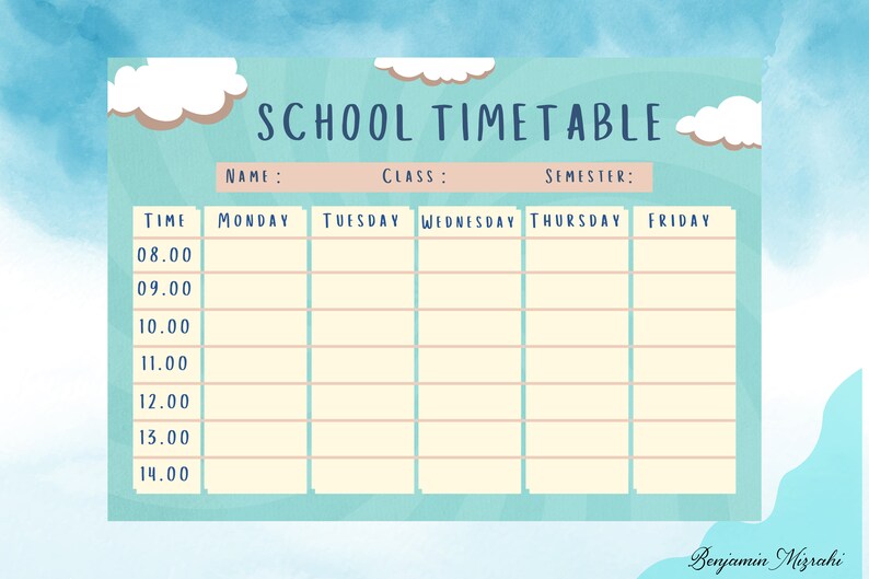 Editable School Timetable for Kids Cloud Theme Printable - Etsy