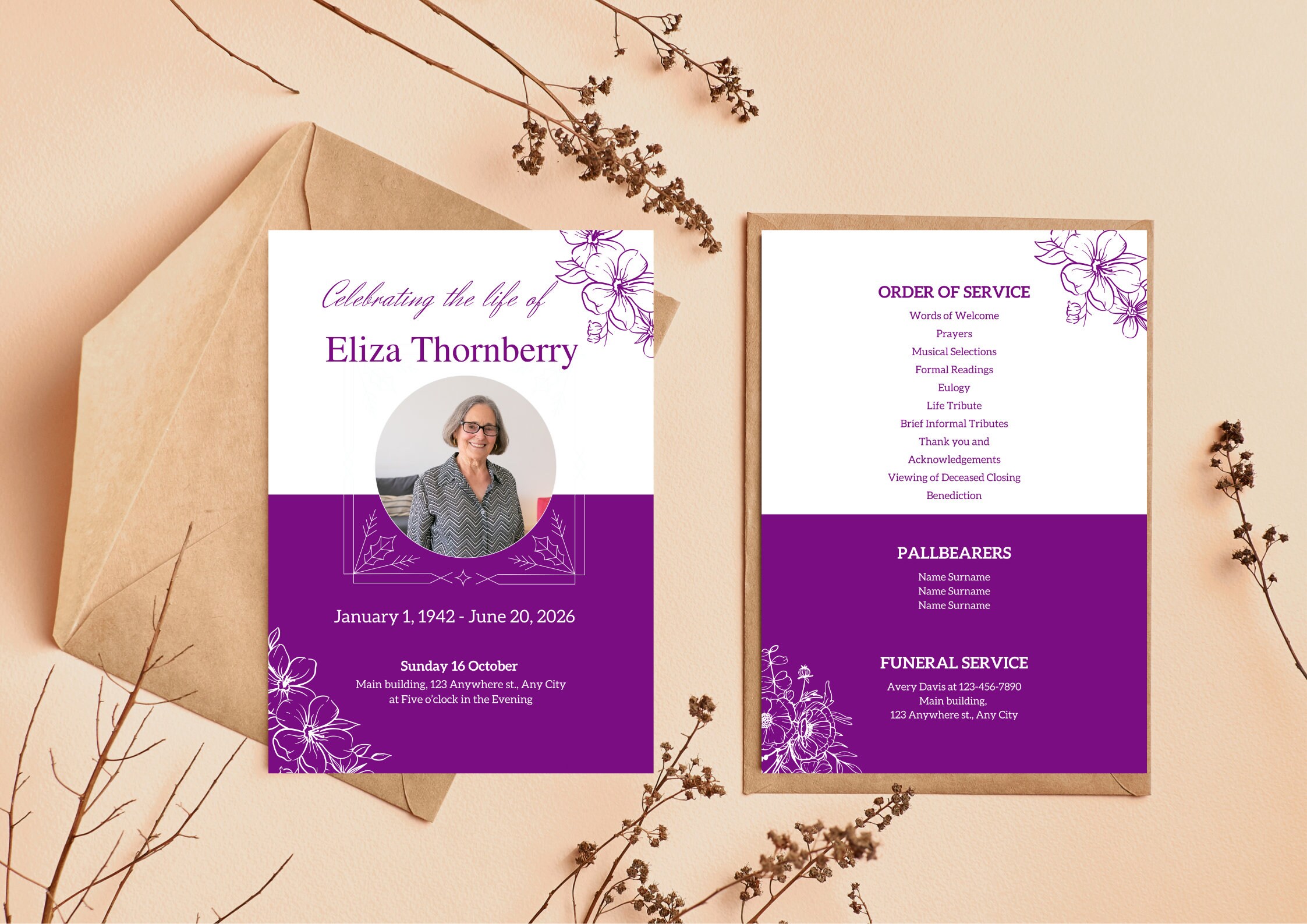 Editable Purple Funeral Program Template Funeral Memorial - Etsy