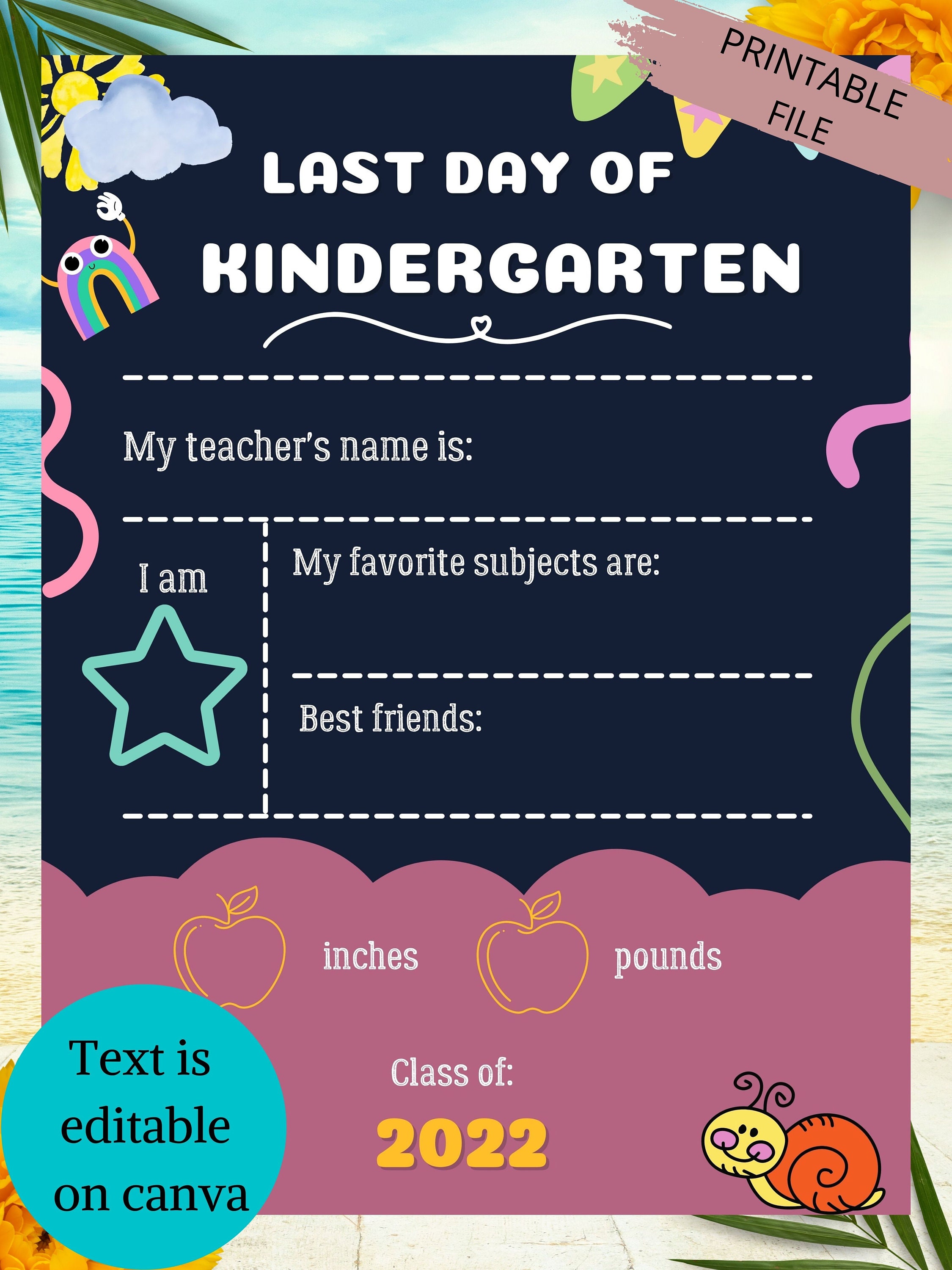 Editable Last Day of Kindergarten Sign Purple Snail Party Last Day of ...