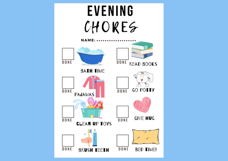 Kids Chore Chart Evening Routine Responsibility Daily Chart - Etsy