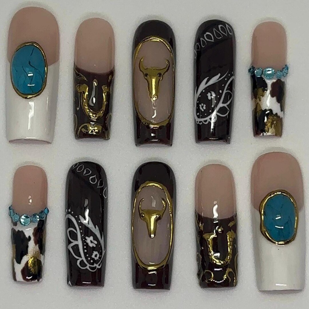Rodeo Nails, Western Nails, Turquoise Western Nails, Cow Print Nails ...
