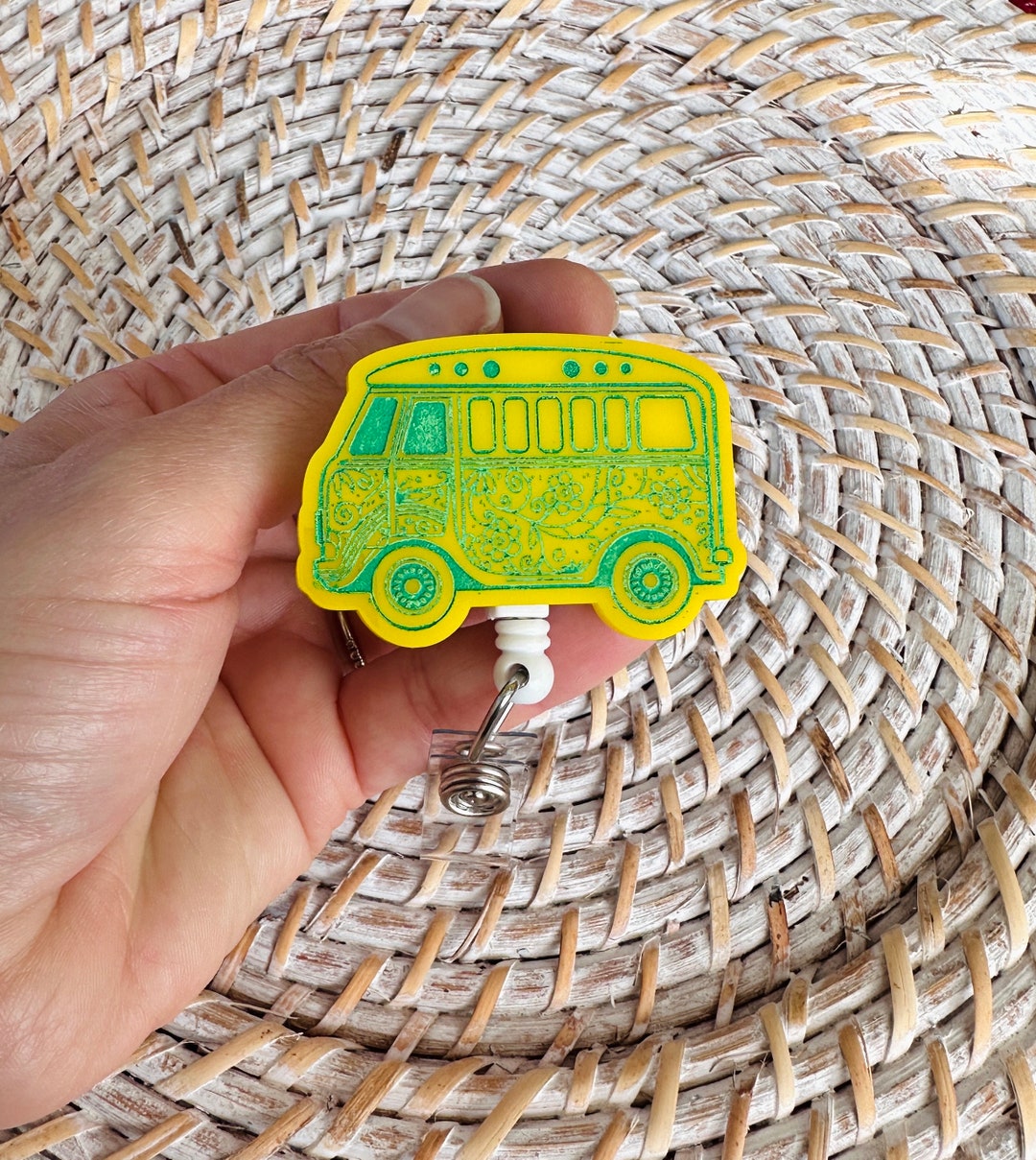 Yellow VW Bus Badge Reel Retractable ID Badge Reel, Work, Nurse Badge ...