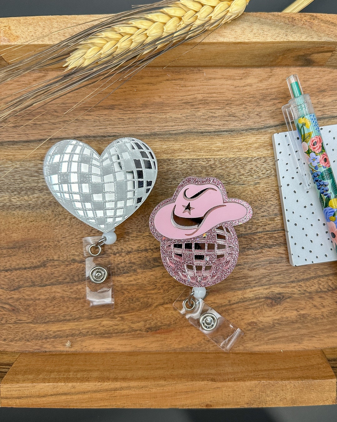 Disco Ball Cowgirl Hat Badge Reel, Checkered Heart Set of 2 Retractable ...