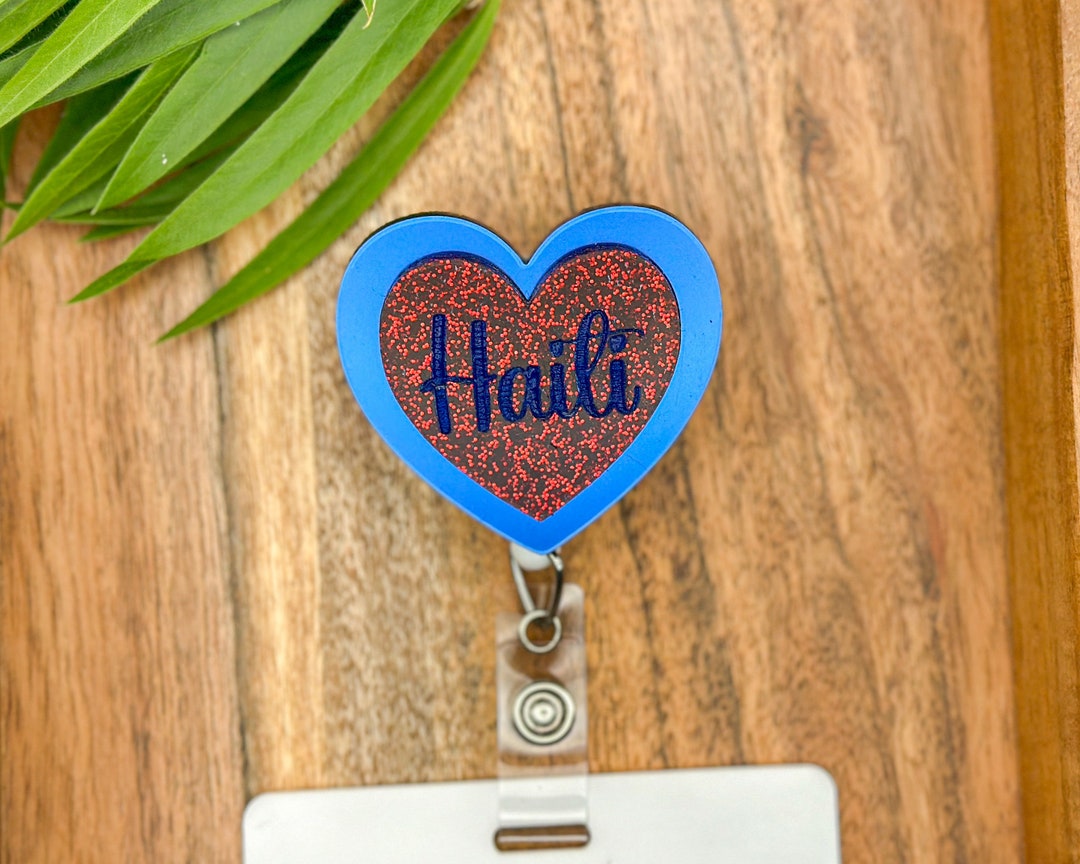 Haiti Heart Blue and Red Heart Badge Reel, Ayiti, Glitter Retractable ...