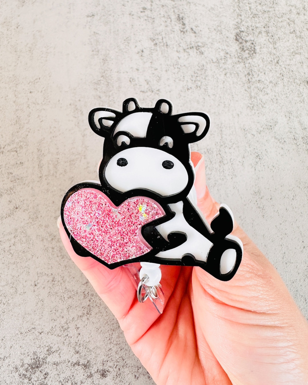 Cow Badge Reel, Heart Badge Reel, Cute Cow, Glitter Retractable ID ...