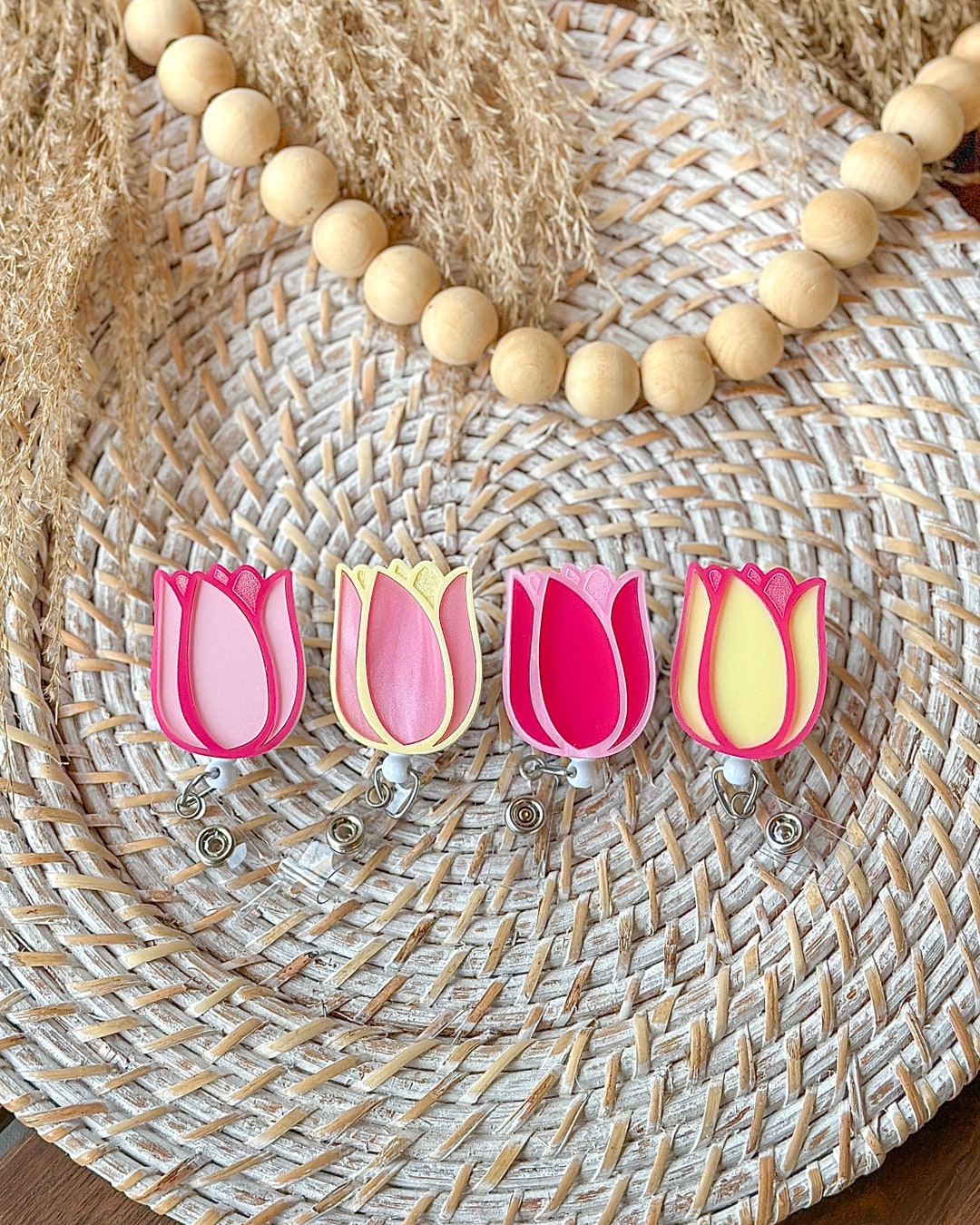 Tulip Flower Badge Reels, Flowers Set of 4 Retractable ID Badge Reel ...