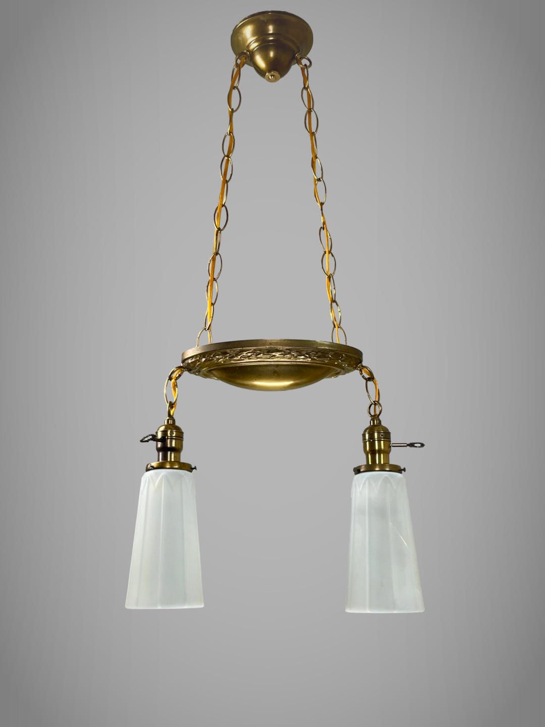 Vintage Brass 2-light Pan Ceiling Light Fixture With Etched Iridescent ...
