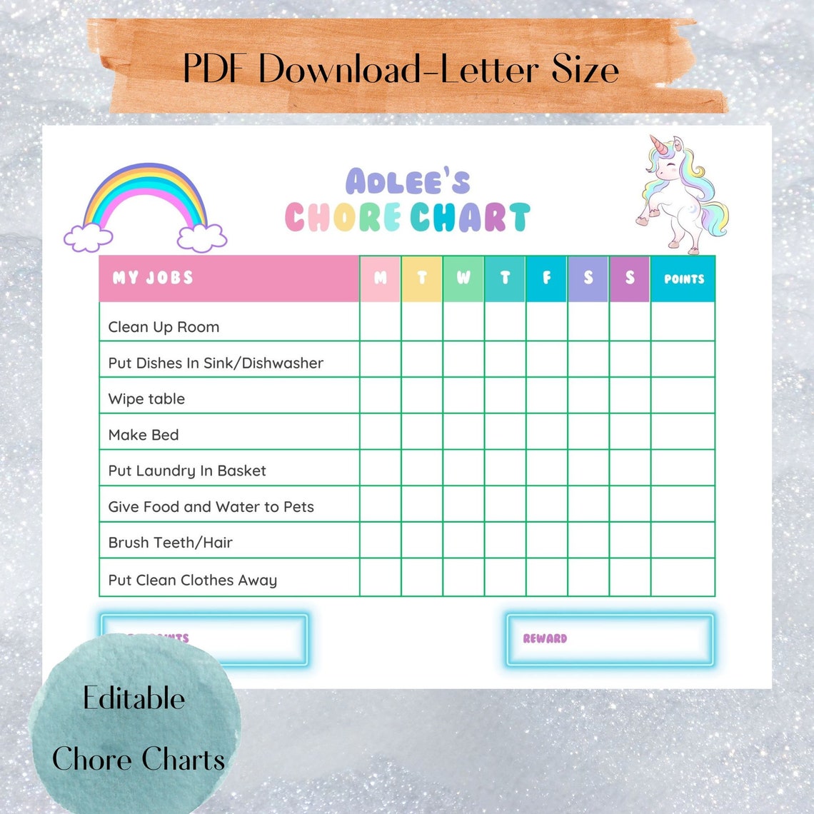 Kids Chore Chart/ Printable/ Digital Download/ Editable Template/ Girl ...
