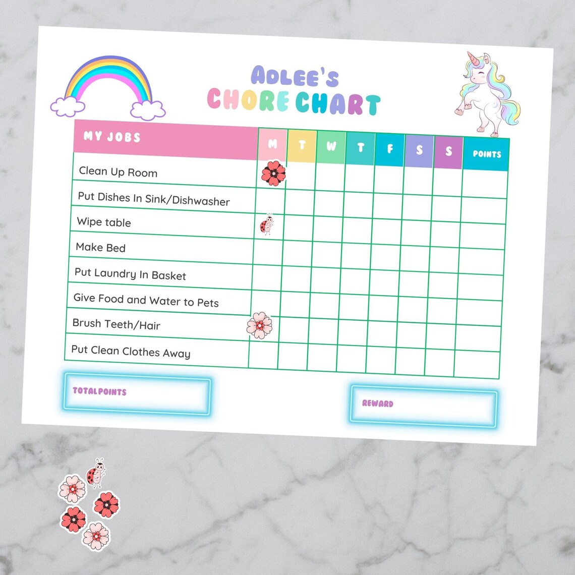 Kids Chore Chart/ Printable/ Digital Download/ Editable Template/ Girl ...