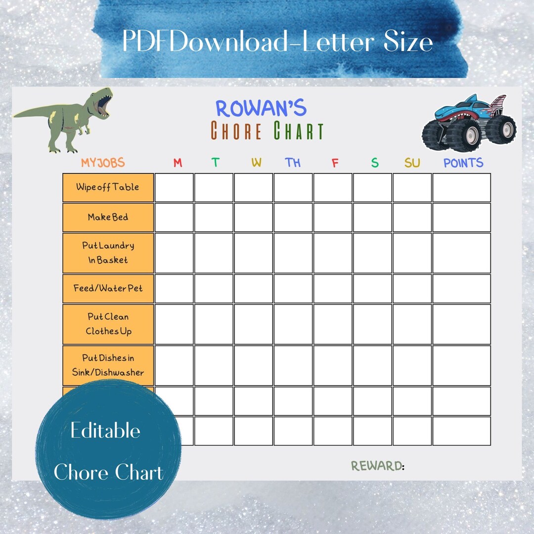 Kids Chore Chart/ Printable/ Digital Download/ Editable Template/ Boy's ...