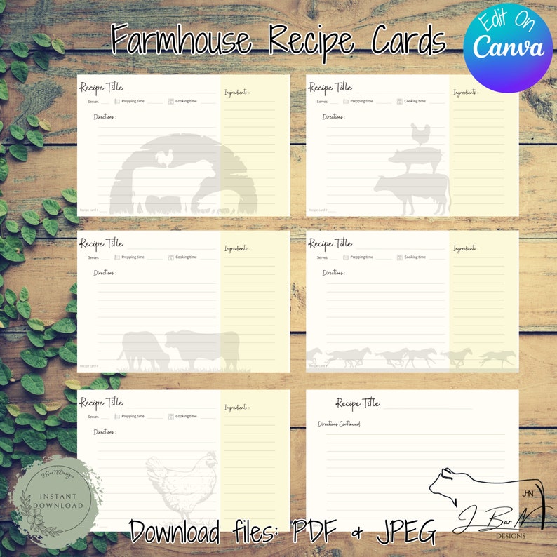Farmhouse Recipe Card Template, Printable Recipe Card, 4 X 6 Size ...
