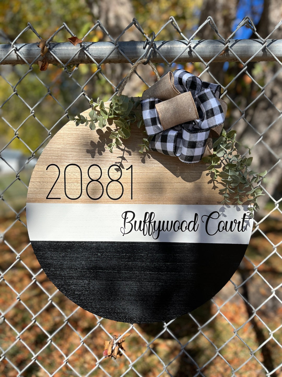 Custom Address Sign: Round Door Hanger With Greenery & Bow - Etsy