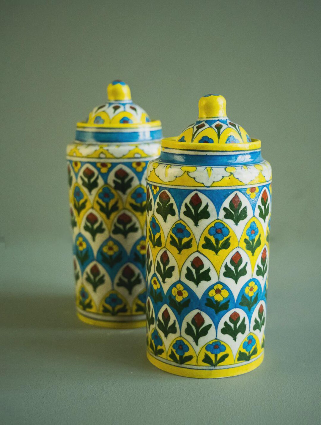 Blue Pottery Jar With Lids - Yellow Ornate (set of 2, Large ...
